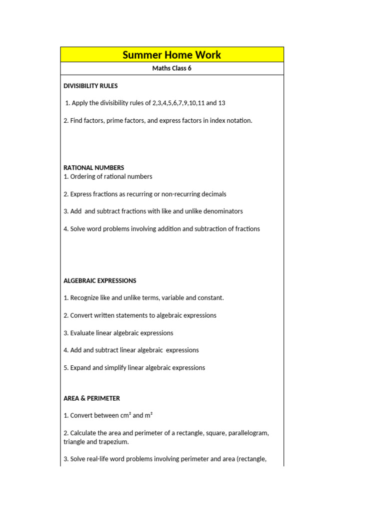 Maths Summer Vacation Homework Class 6 | PDF