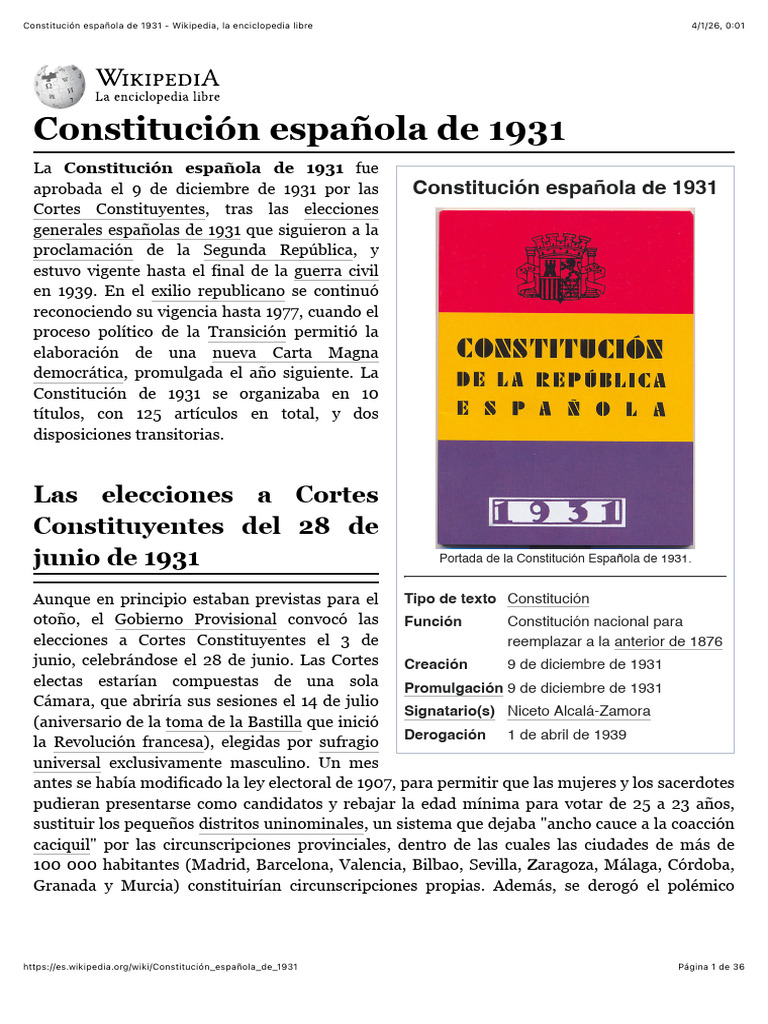 Constitución española de 1931 - Wikipedia, la enciclopedia libre | PDF ...