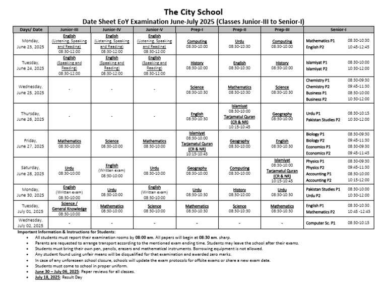 EoY 2024-25 (Class JR III-Sr I) June-July Exam Date Sheet | PDF