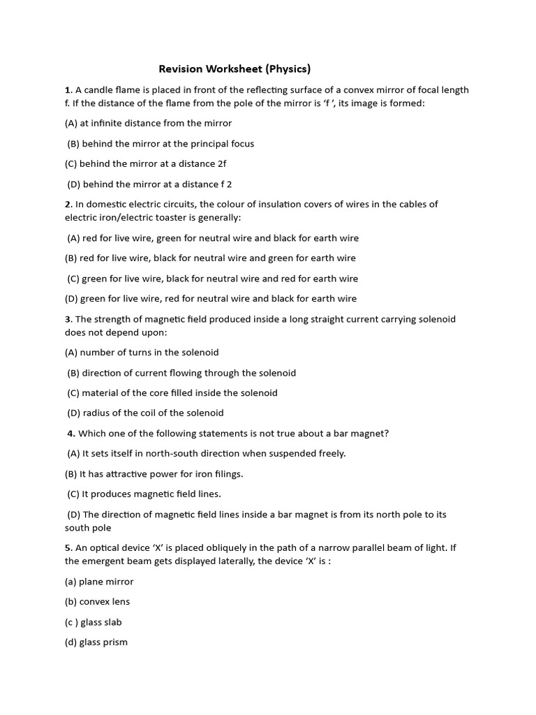 Revision Worksheet 1 Physics 10 Science | PDF | Light | Physical Phenomena