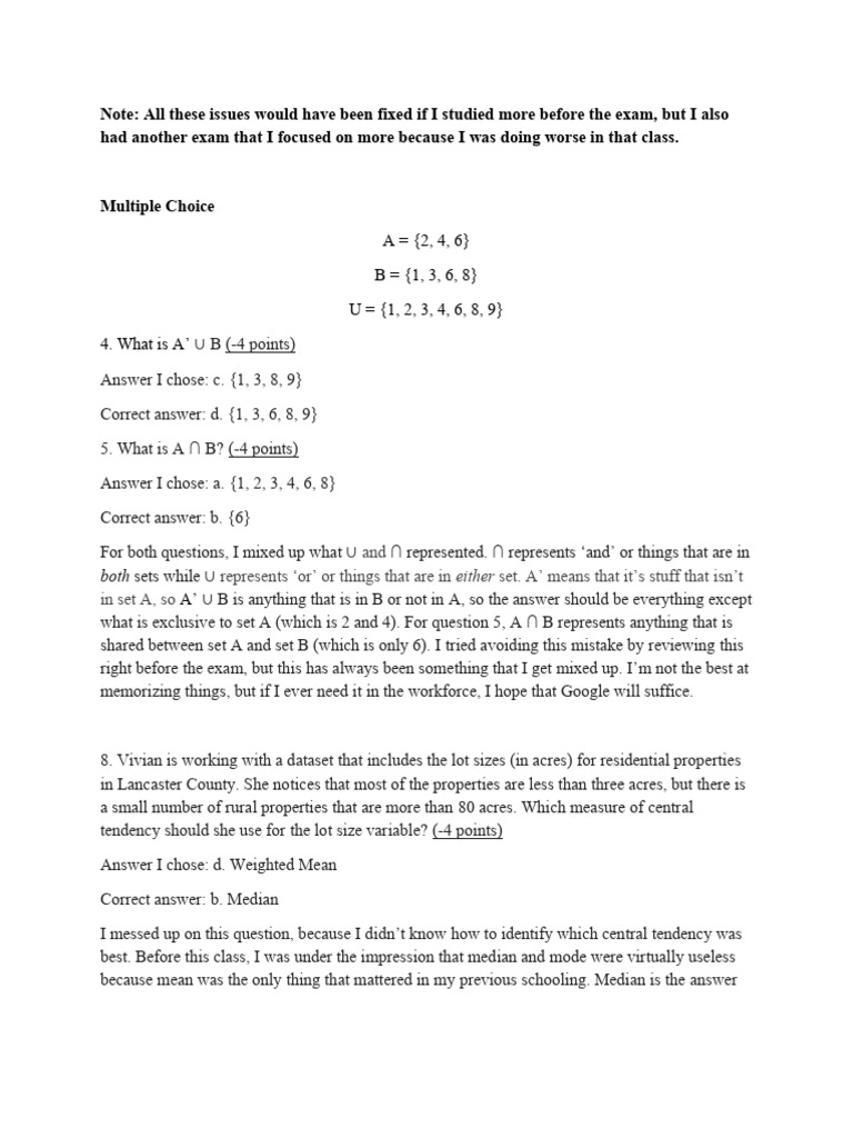 Exam Mistakes in Set Theory and Statistics | PDF | Probability Density ...