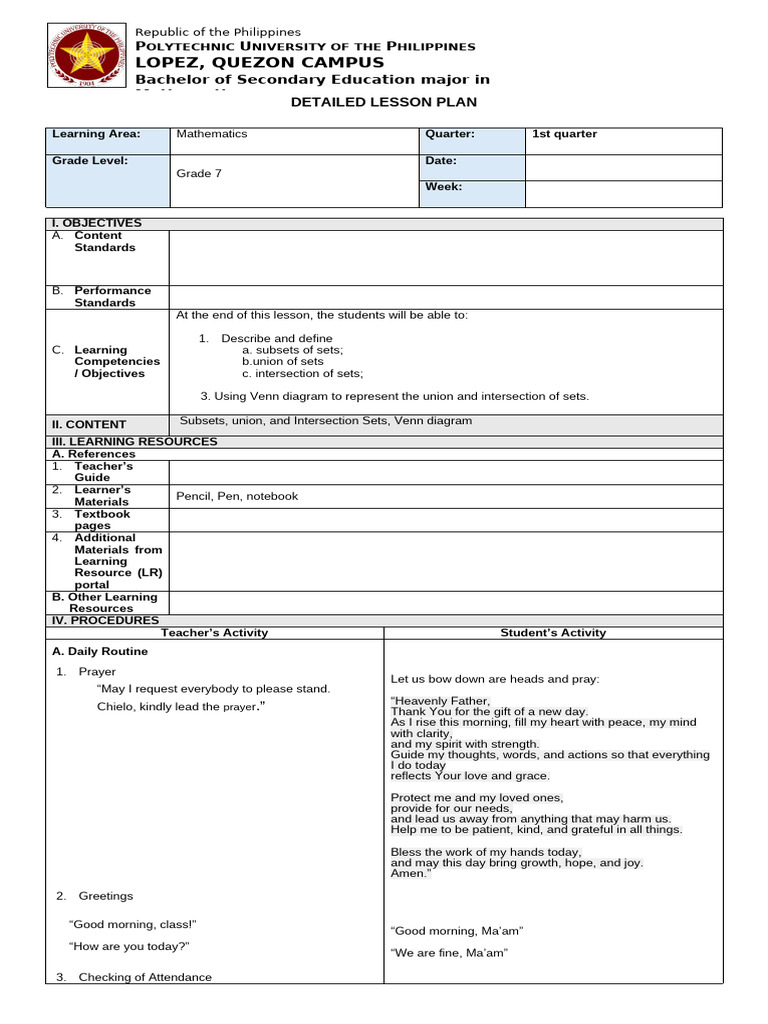 Detailed Lesson Plan Template | PDF | Learning