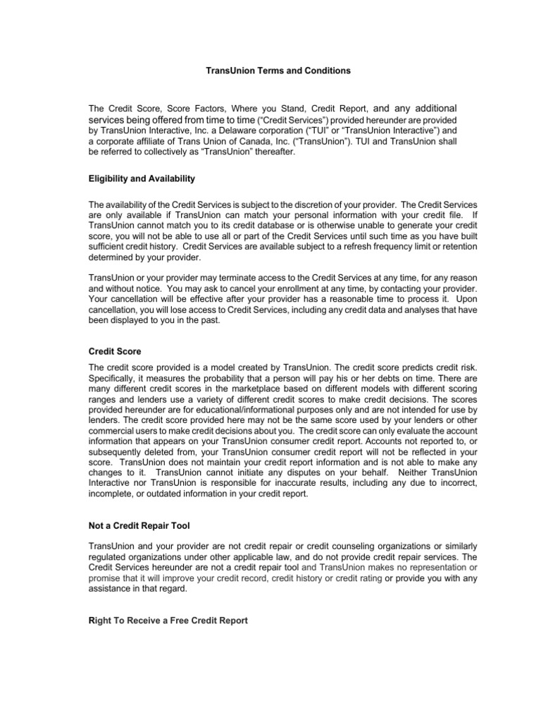TransUnion Credit Services Terms Overview | PDF | Credit History ...