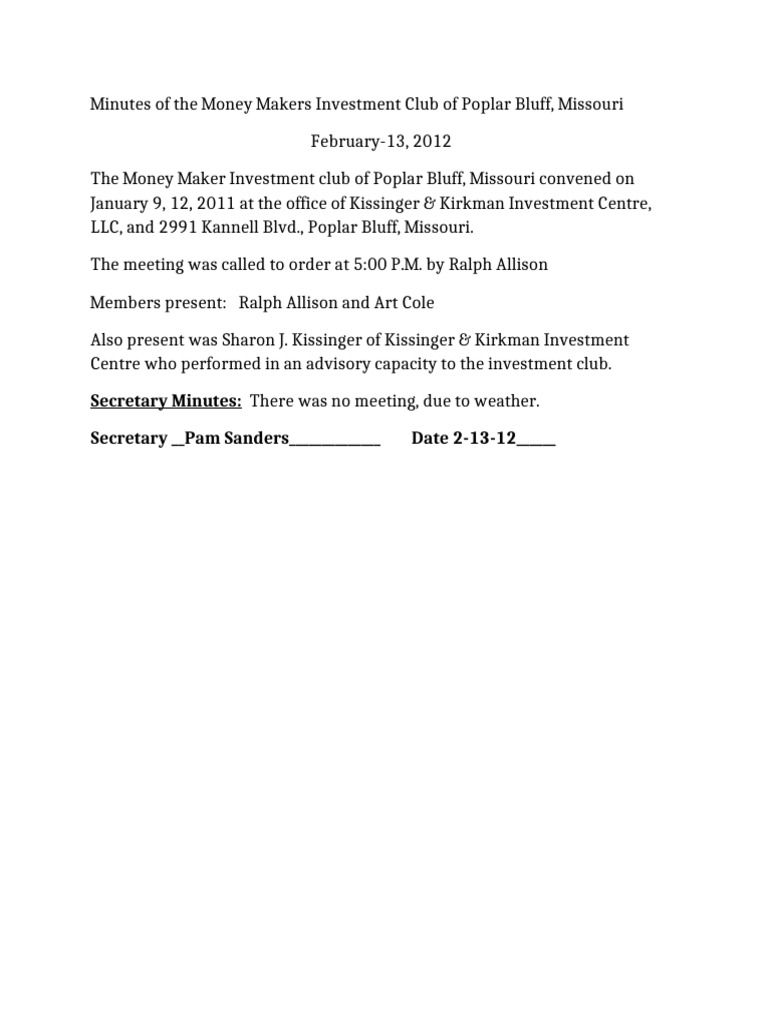 Minutes of the Money Maker 2-13-12 | PDF