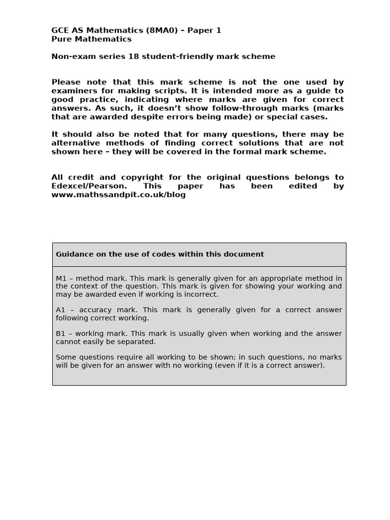 8MA0-01 AS Pure Mathematics - Shadow Paper 2018 mark scheme (student ...
