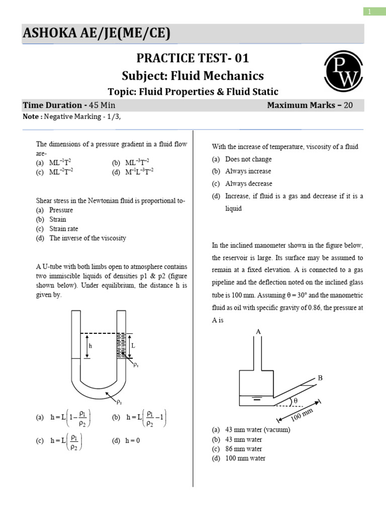 Fluid Mechanics Practice Test 01 | PDF | Pressure | Fluid