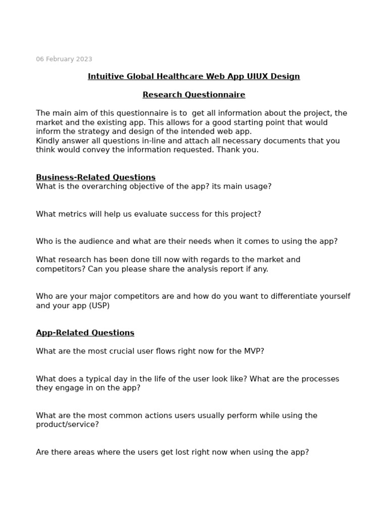 Global Healthcare App UI/UX Research Questionnaire | PDF