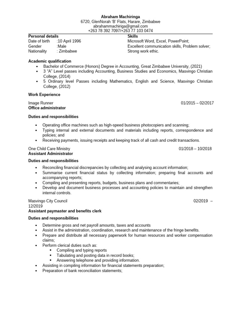 Accounting Graduate CV - Zimbabwe | PDF | Zimbabwe | Accounting