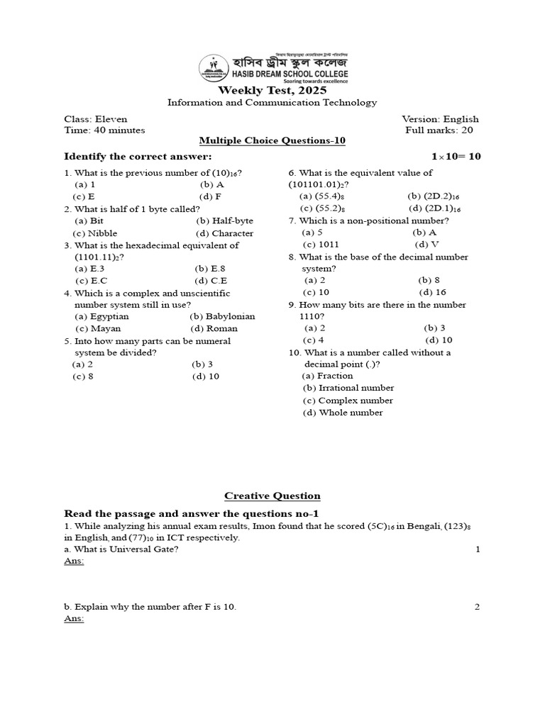 ICT Weekly Test for Class Eleven | PDF | Numbers | Bit