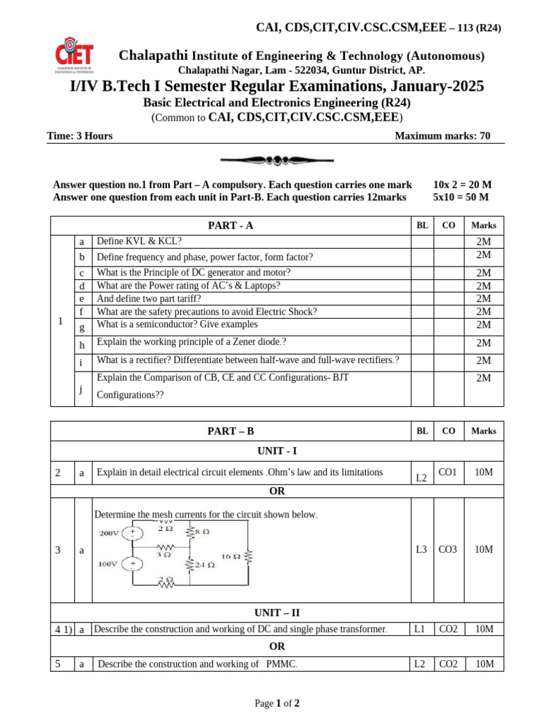 BEE Model Question Paper QP2 | PDF | Rectifier | Electronics