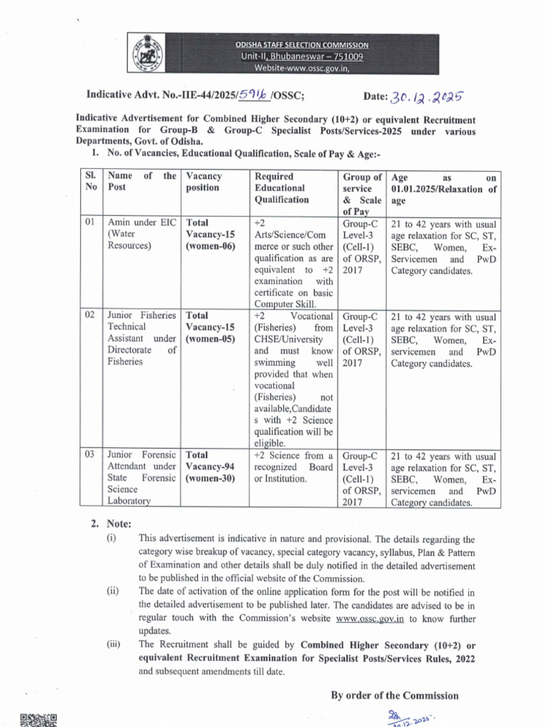 Ossc Chsl (10+2) 2025-26 Recruitment Short Notice | PDF