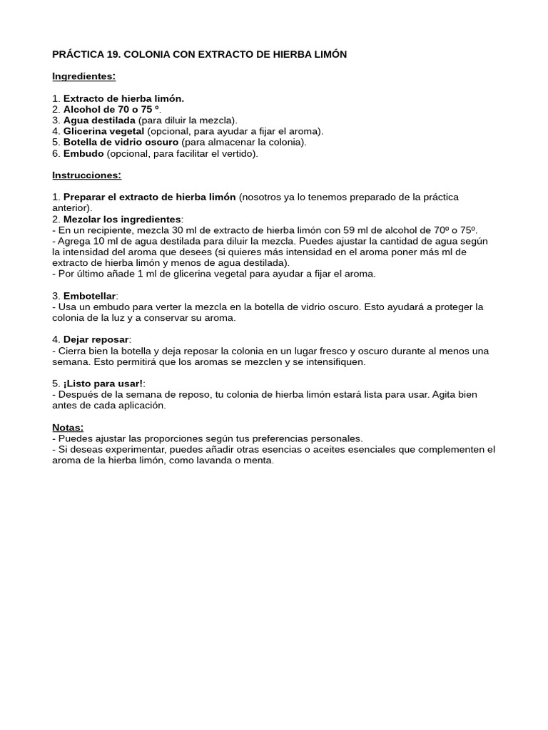 Práctica 19. Colonia Con Extracto de Hierba Limón | PDF