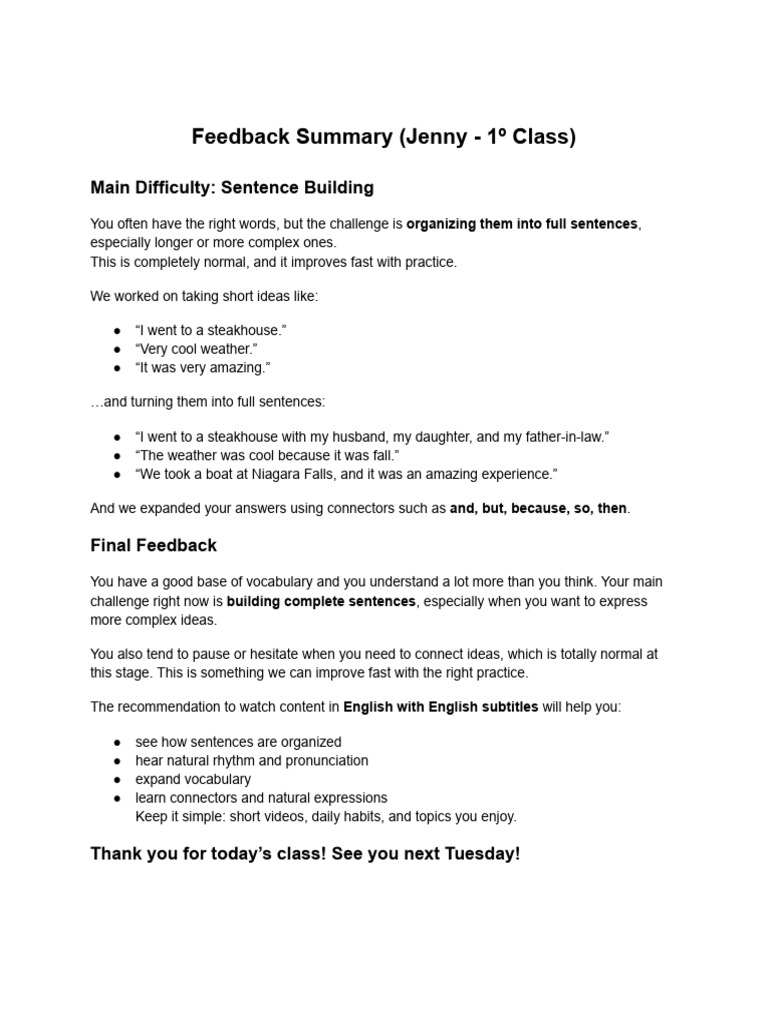 Feedback Summary + Next Steps (Jenny - 1º Class)-2 | PDF