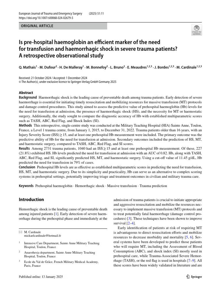 s00068-024-02679-5 | PDF | Receiver Operating Characteristic | Major Trauma