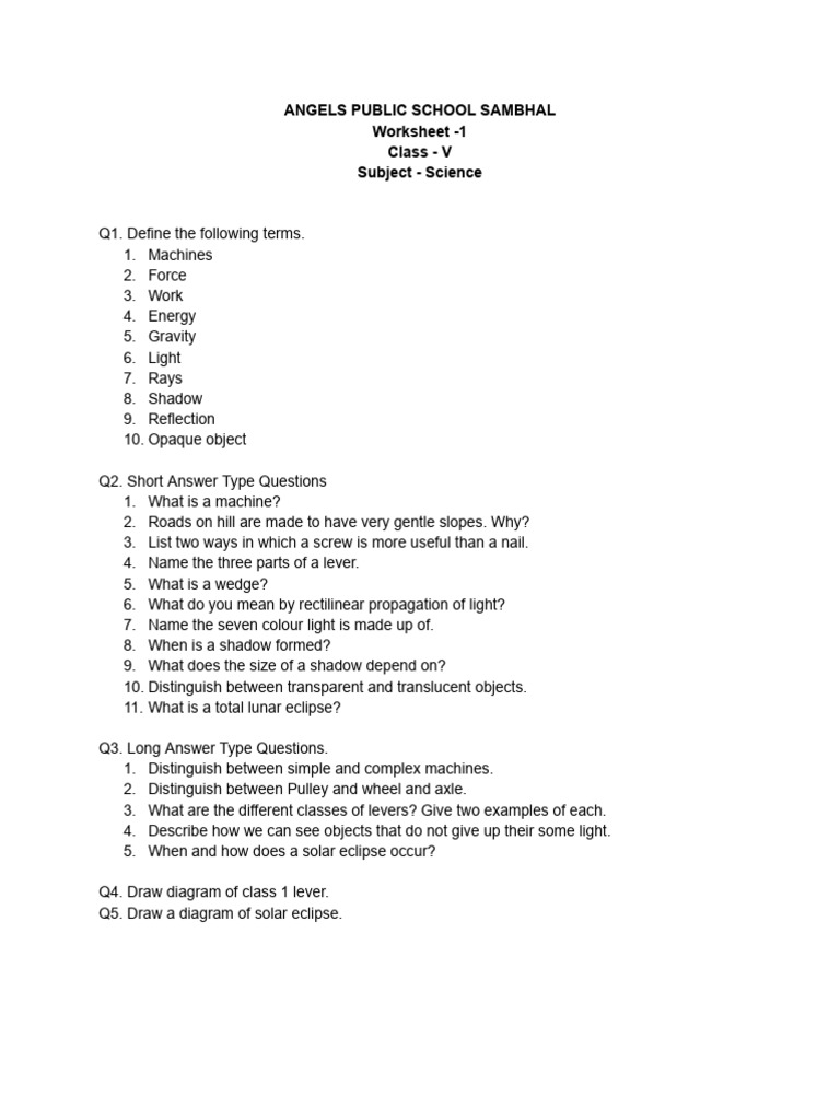 Class 5 Science Worksheet | PDF