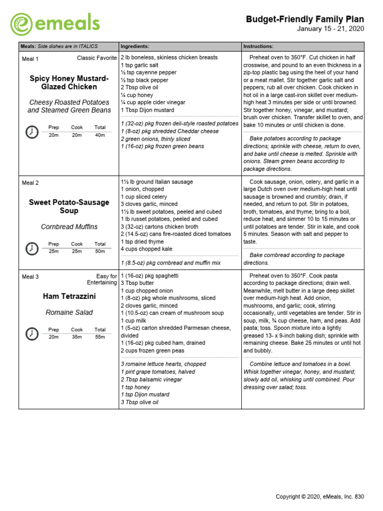 Emeals Budget Friendly Family Plan 830 | PDF | Mustard (Condiment ...