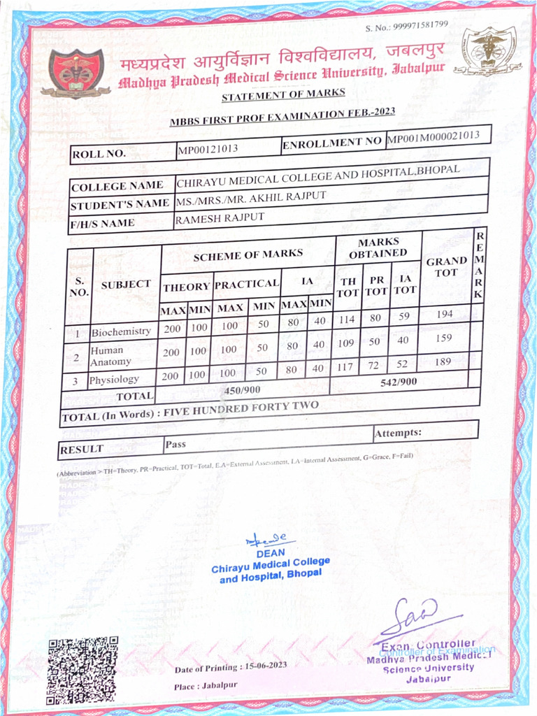 Mbbs 1st Year Marksheet | PDF