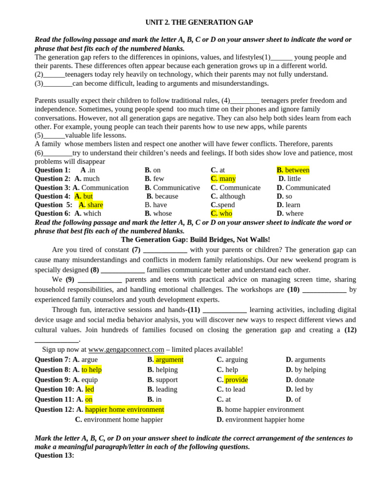 Unit 2- The Generation Gap | PDF | Family | Communication