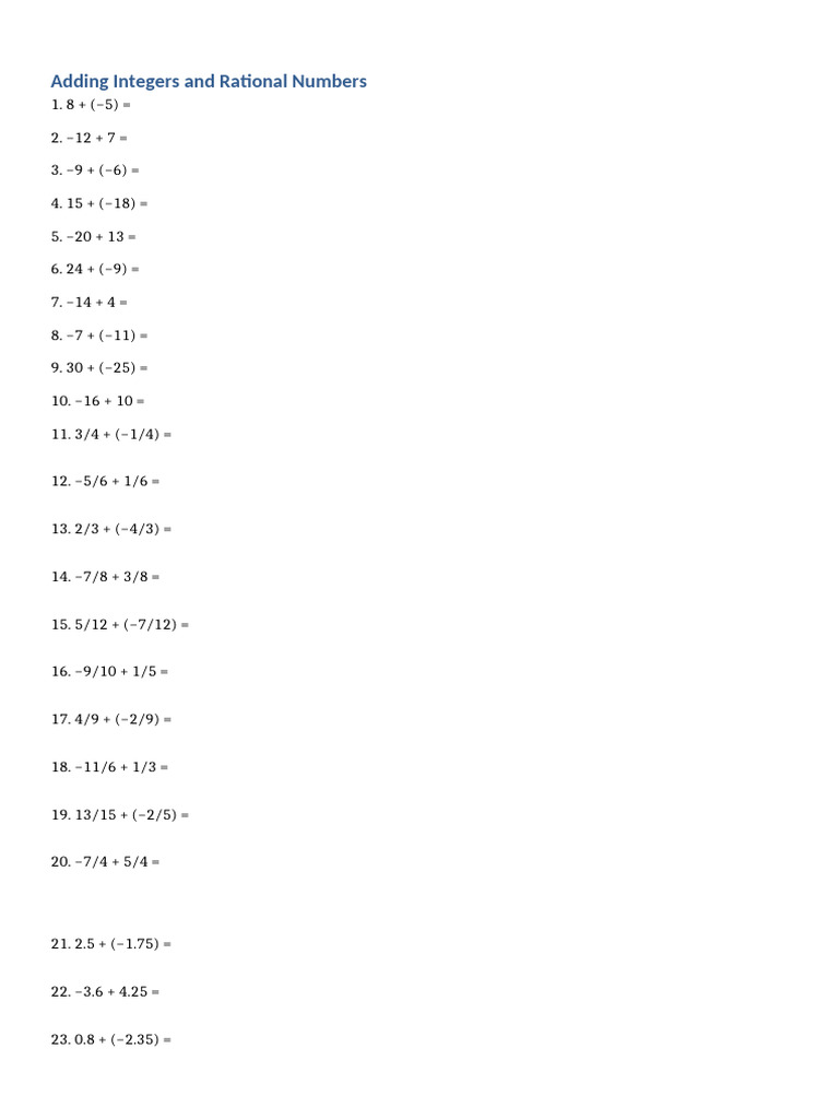 Adding Integers and Rational Numbers MS Word | PDF | Dna | Nucleic Acid ...