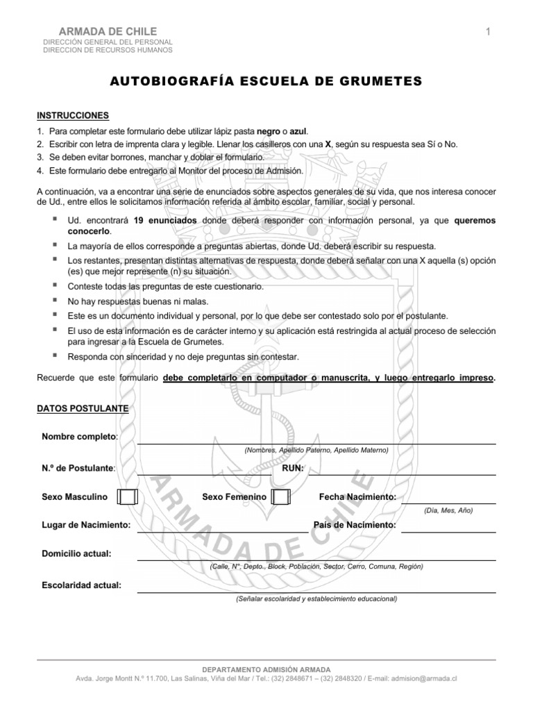 Formulario de Admisión Escuela de Grumetes | PDF