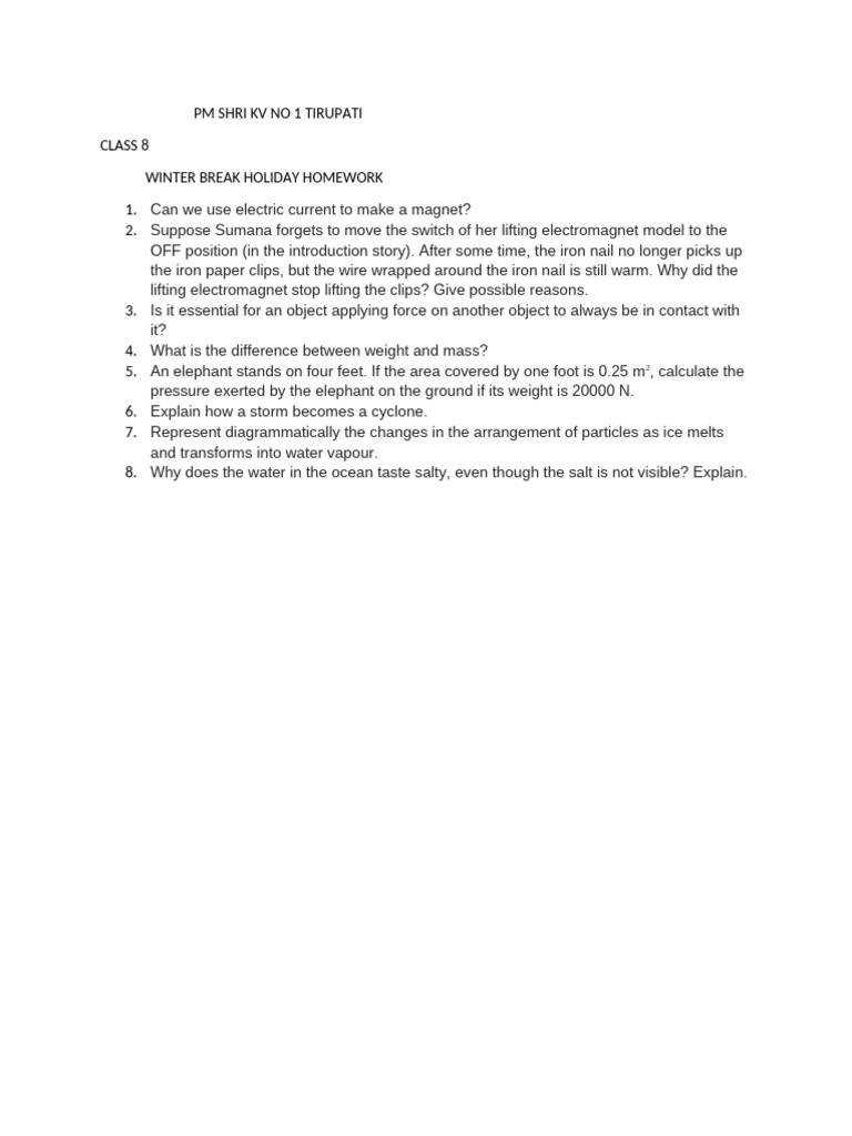 Class 8 Holiday Hw Winter Break 2025 | PDF