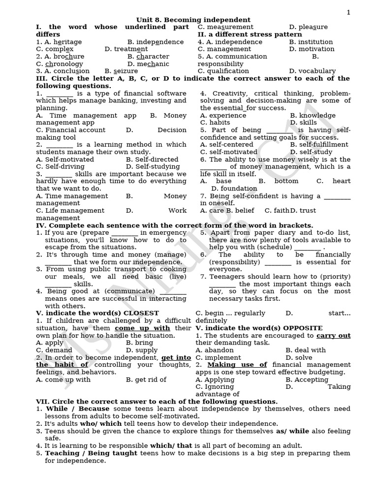 Unit 8. Being independent | PDF | Adolescence | Self Esteem