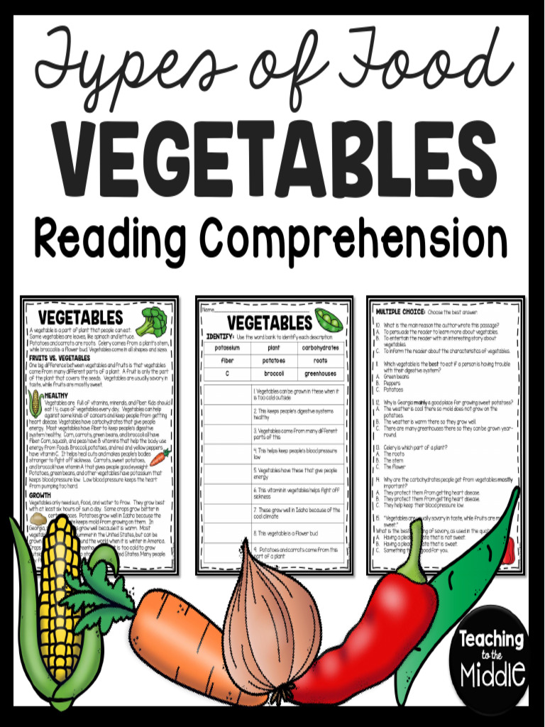 Vegetables Reading Comprehension Worksheet Food Groups My Plate | PDF