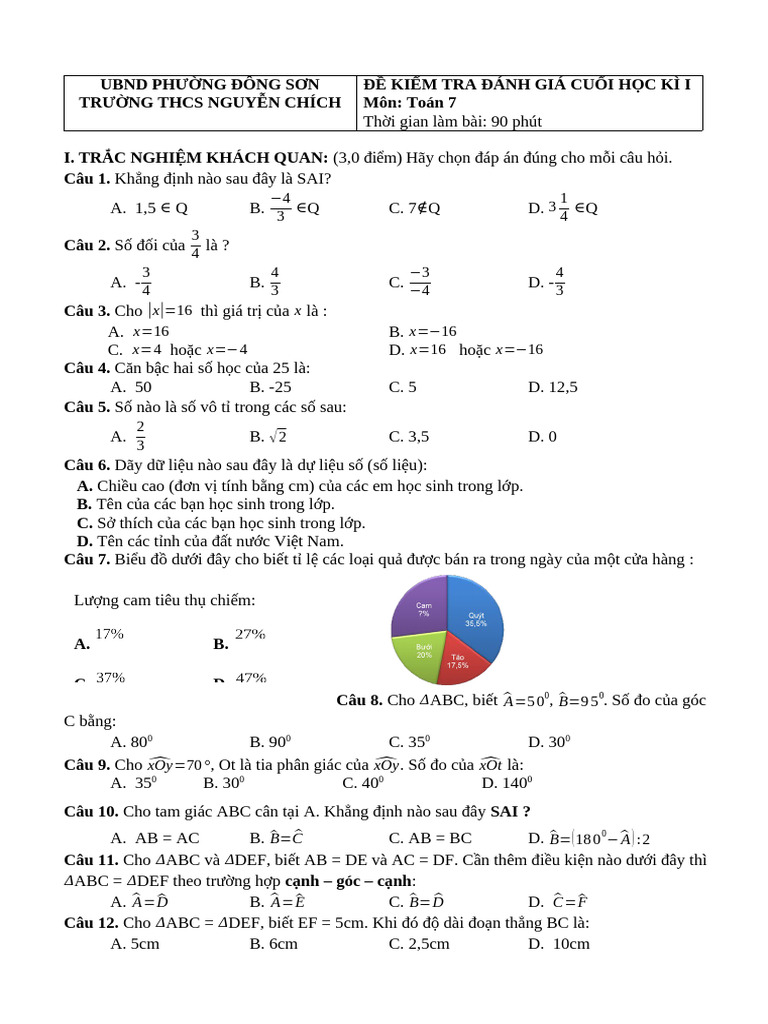 ĐỀ KIỂM TRA TOÁN 7 HK1 (25-26) | PDF