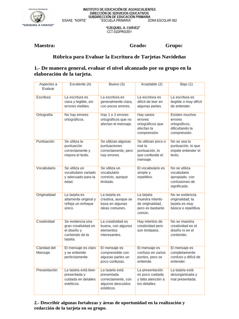Rúbricas para Evaluar Escritura Navideña | PDF | Puntuación | Educación ...