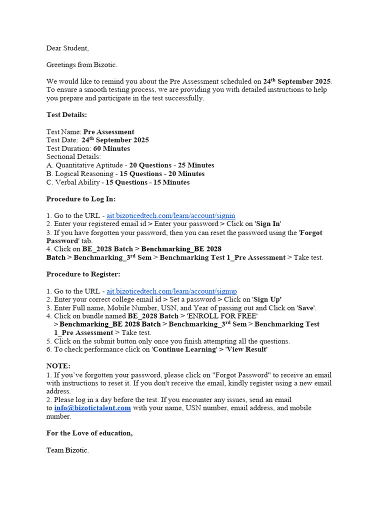 Pre Assessment Instructions for Students | PDF