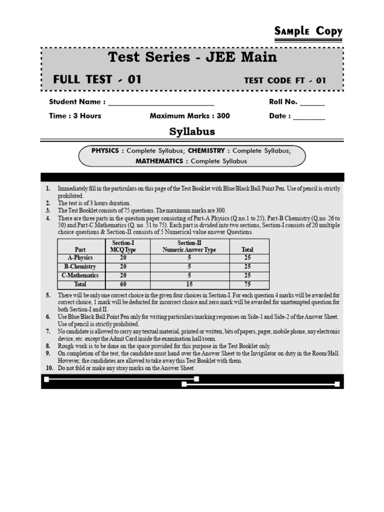 JEE Main 2025_26 FLT_Sample | PDF | Frequency | Electron