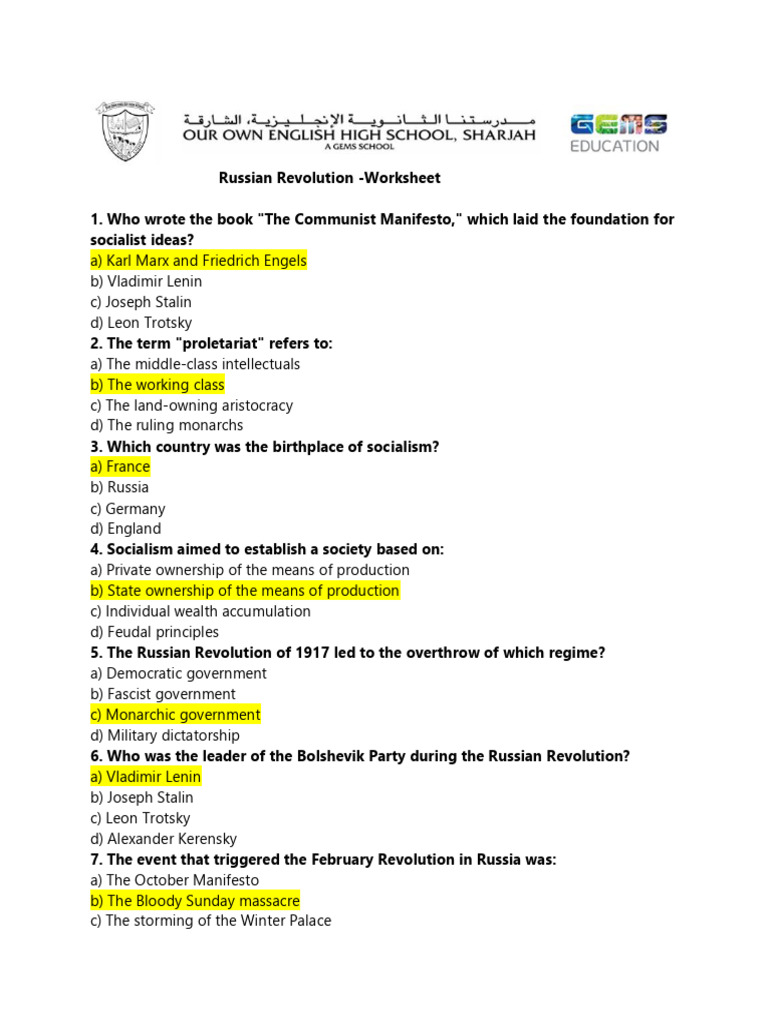 OOS 2024-25 Gr.9 Russian Revolution Worksheet | PDF | Russian ...