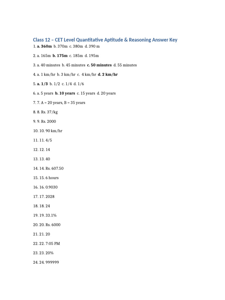 Class 12 CET Quantitative Aptitude Key | PDF
