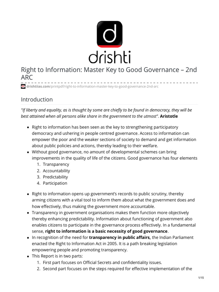 Right to Information Master Key to Good Governance 2nd Arc Copy | PDF ...