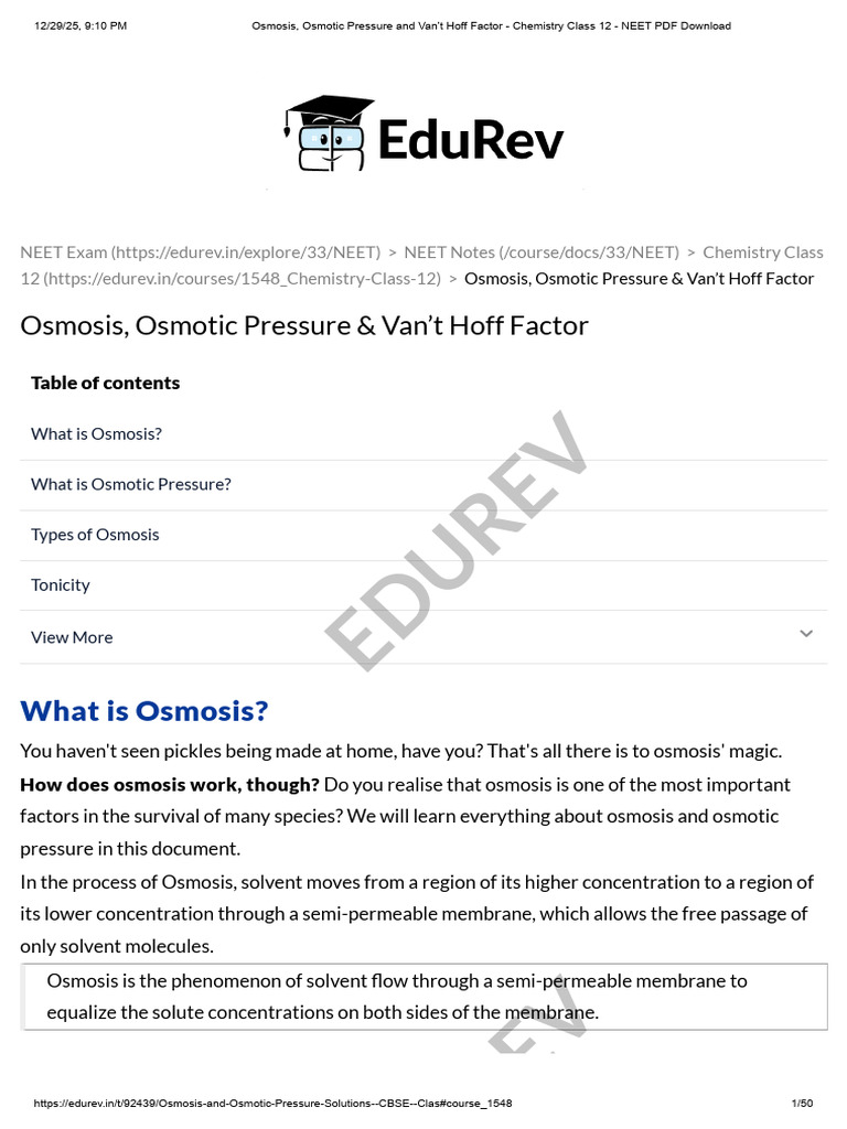 Osmosis and Osmotic Pressure Explained | PDF | Osmosis | Dissociation ...