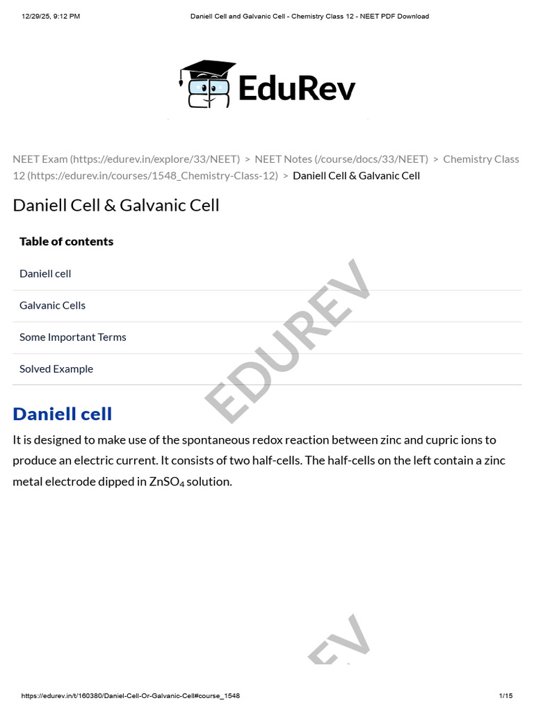 Daniell Cell and Galvanic Cell - Chemistry Class 12 - NEET PDF Download ...