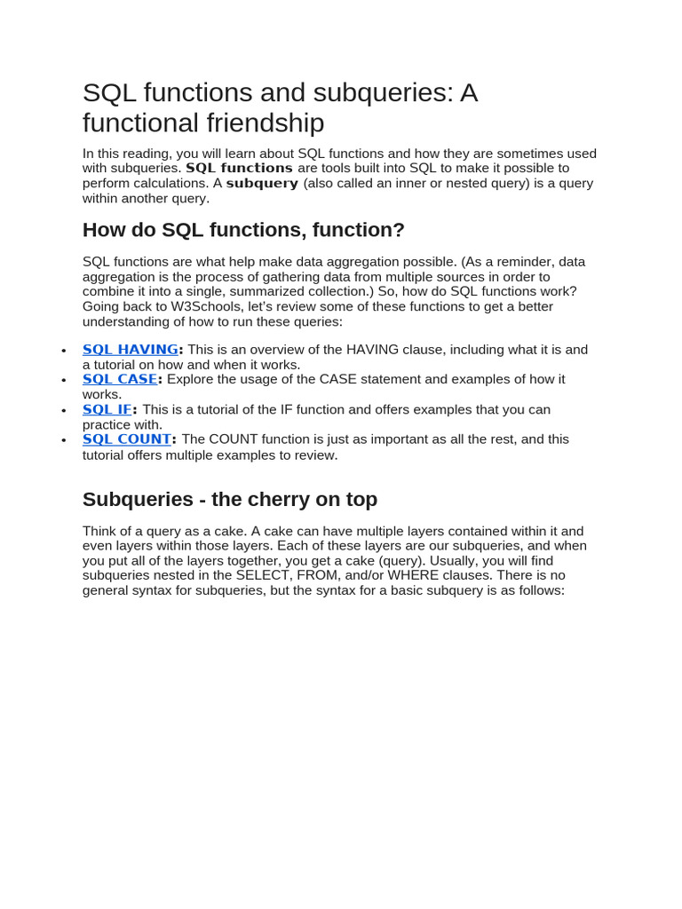 SQL Functions and Subqueries Explained | PDF | Computing | Software ...