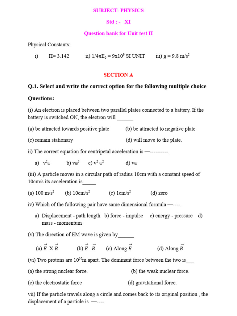 Assignment for Std 11 UT 2.Docx (1) | PDF | Force | Electric Field