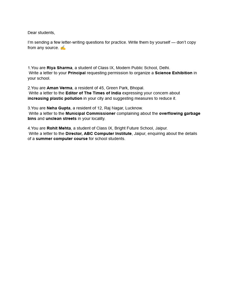 Letter Writing Practice Questions | PDF