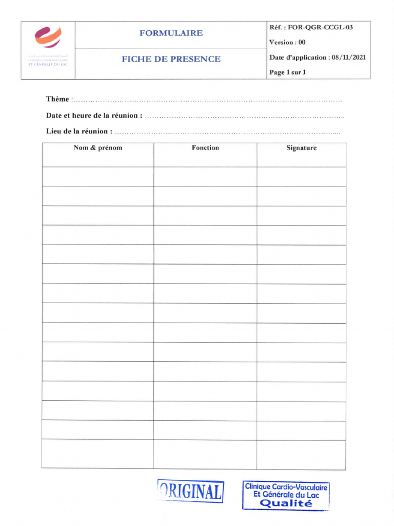 For-QGR-CCGL-03 (Formulaire Fiche de Présence) | PDF