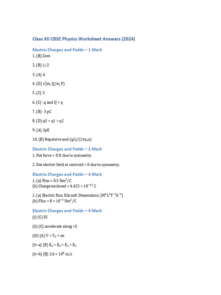 CBSE Class 12 Physics Worksheet Answers | PDF | Diffraction | Optics