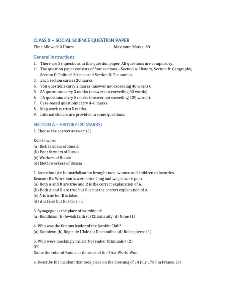 Class X Social Science Exam Paper | PDF