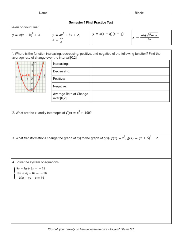 Semester 1 Math Final Practice Test | PDF | Function (Mathematics ...
