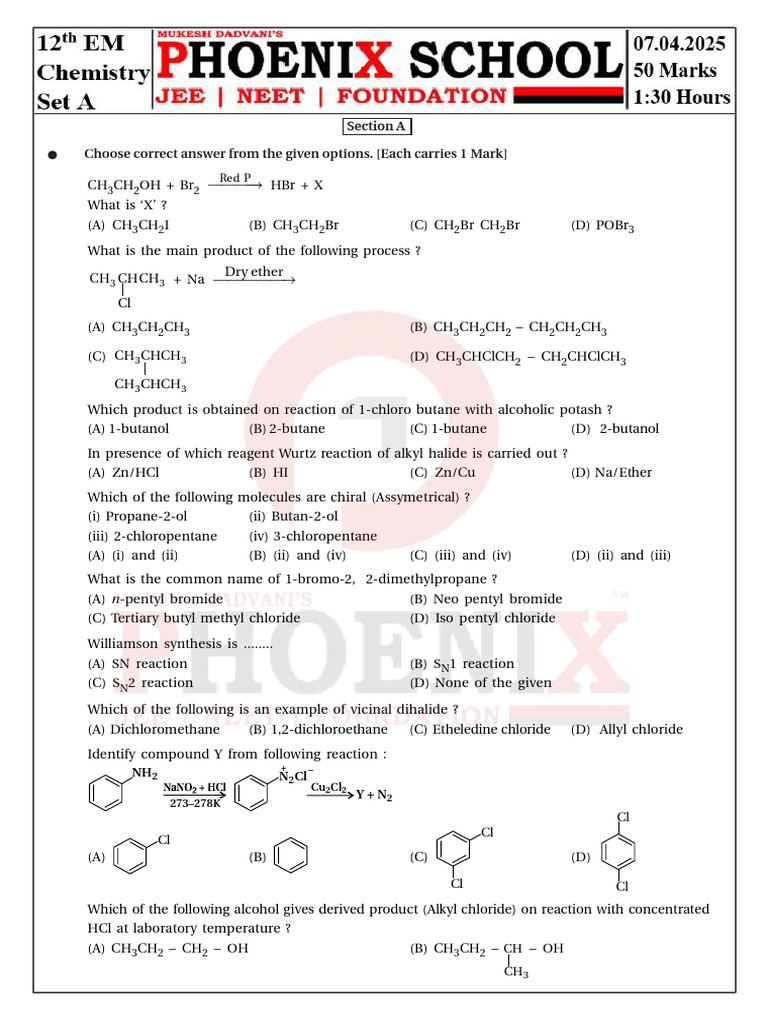 Halo Alkane Haloarene Practice Sheet For Boards Part 1 | PDF | Chemical ...