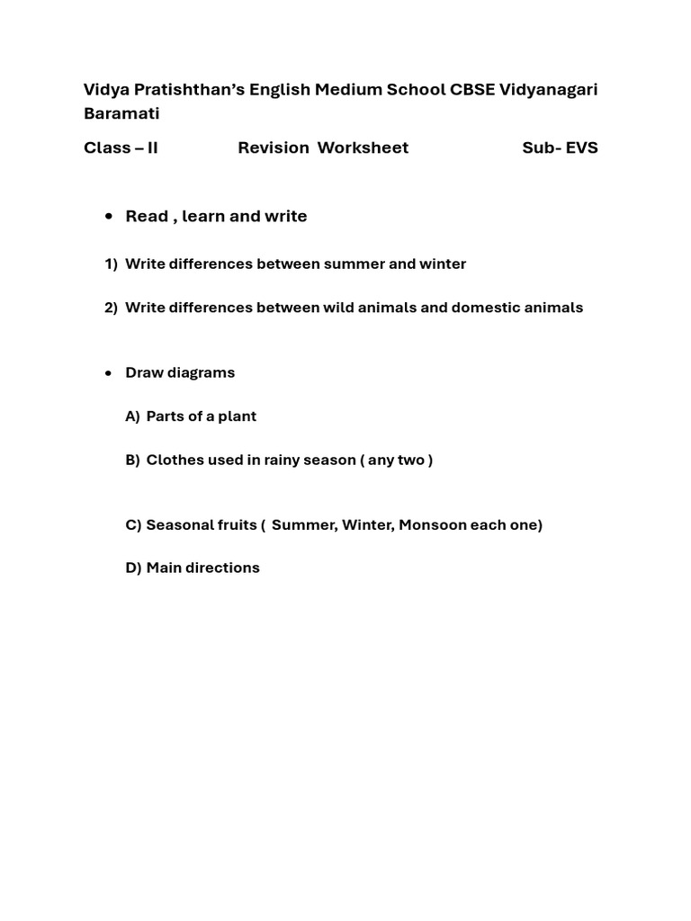 Class II EVS Revision Worksheet | PDF