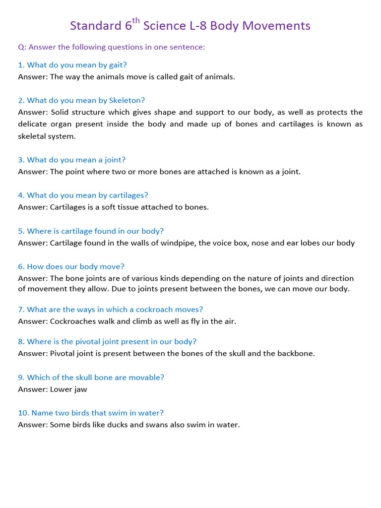 Std 6 L5 Question Answer (5) | PDF | Skeleton | Joint