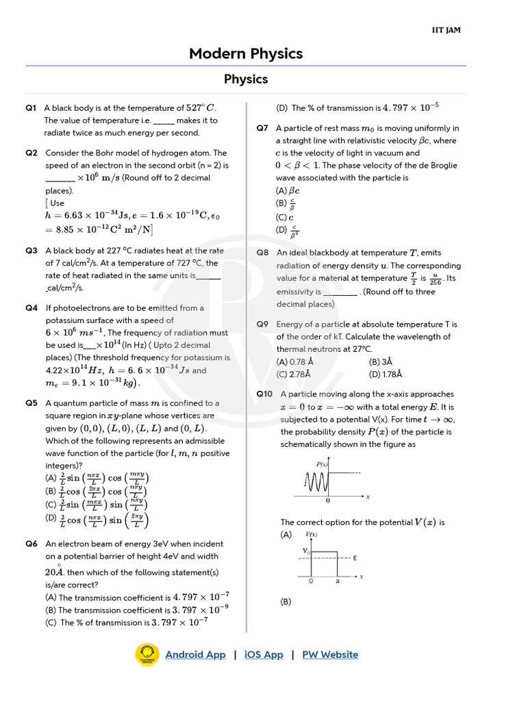 IIT JAM Modern Physics Practice Questions | PDF | Electron | Physical ...