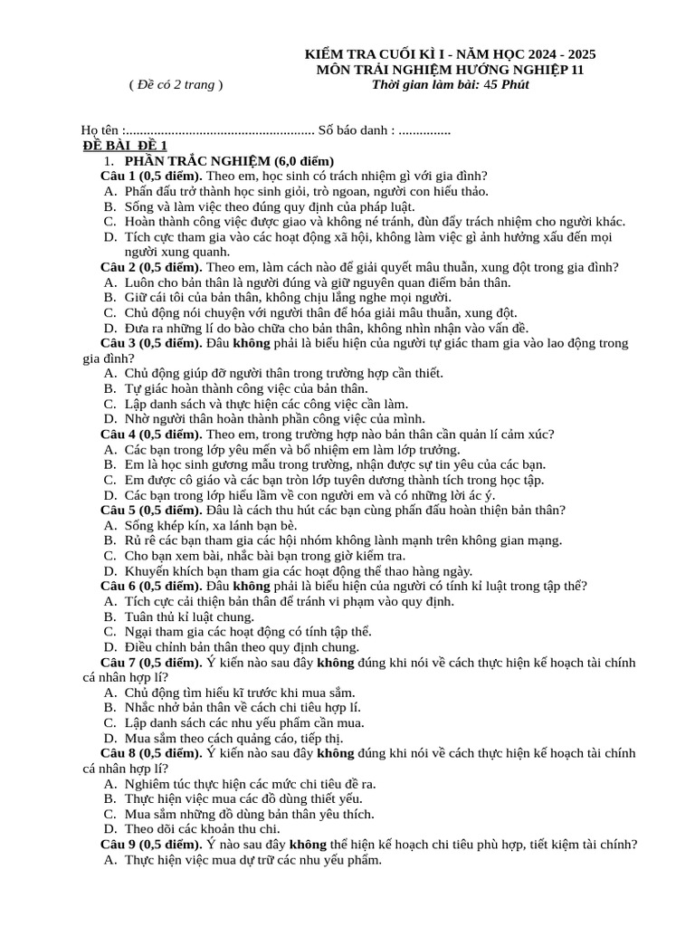 De Kiem Tra Cuoi Ki i Tnhn 11 | PDF