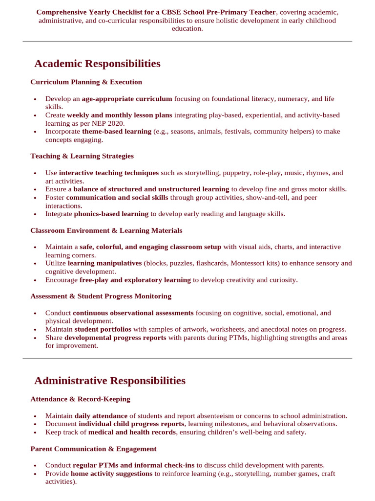 Comprehensive Yearly Checklist for a CBSE School Pre | PDF | Learning ...