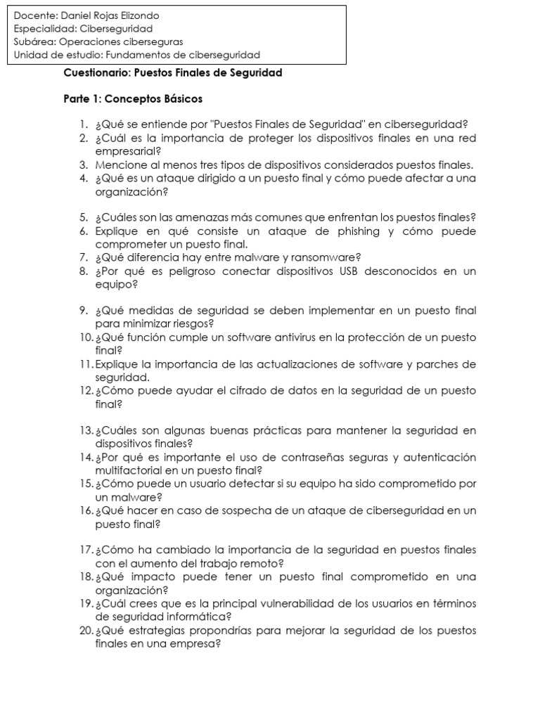 Cuestionario Puestos Finales de Seguridad | PDF